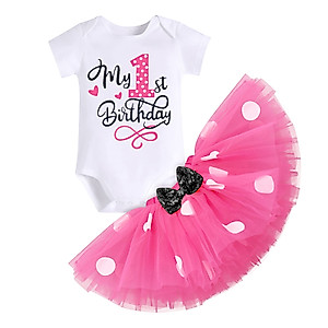 IBTOM CASTLE Baby Girls One 1st Birthday Outfit Polka Dots Romper Tutu Dress Sequin Bowknot Headband Princess Skirt One Years Old Clothes Set for Kids Prom Dance Evening Ball Gown Hot Pink-1ST 1T