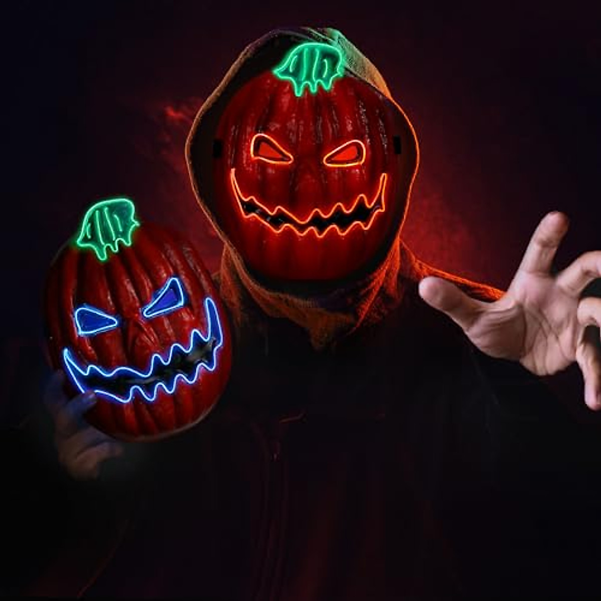 Liliful 2 Pcs Halloween Pumpkin Light up Mask Face Head Scary Mask for Halloween Festival Cosplay Party Decoration Costume(Red, Blue)
