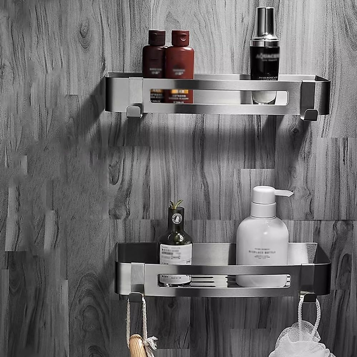 Bathroom Shelves Shower Caddy with 2 Movable Hooks, Adhesive Hanging Shower Shelf, No Drilling Stainless Steel Shower Shelf, Wall Mounted Bathroom Organizers and Storage Shower Caddy(Mirror Finish)