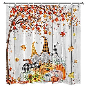 Fall Gnome Shower Curtain Thanksgiving Harvest Pumpkin Sunflower and Autumn Maple Leaf Shower Curtain Farmhouse Vintage Fabric Shower Curtain Set for Bathroom with Bath Mat and Hooks,72x72 inches