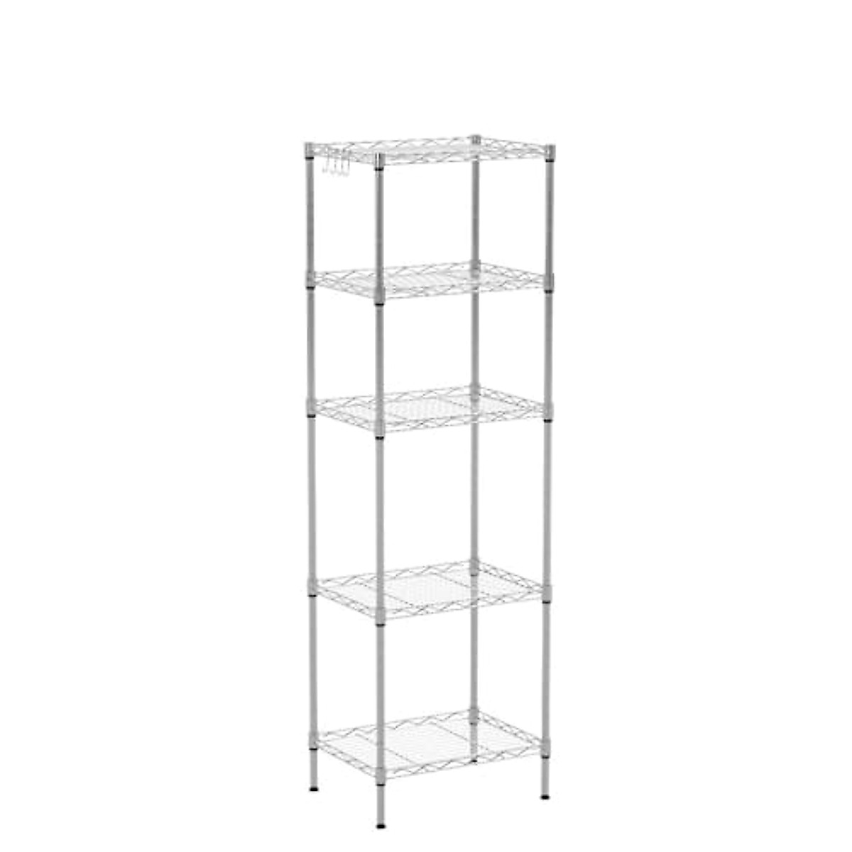SONGMICS 5-Tier Storage Shelves, Wire Shelving Unit, Kitchen Metal Shelves, Storage Rack with Adjustable Shelves, Shelf Liners, 8 Hooks, for Garage, 11.8 x 15.7 x 47.6 Inches, Silver ULGR115E01