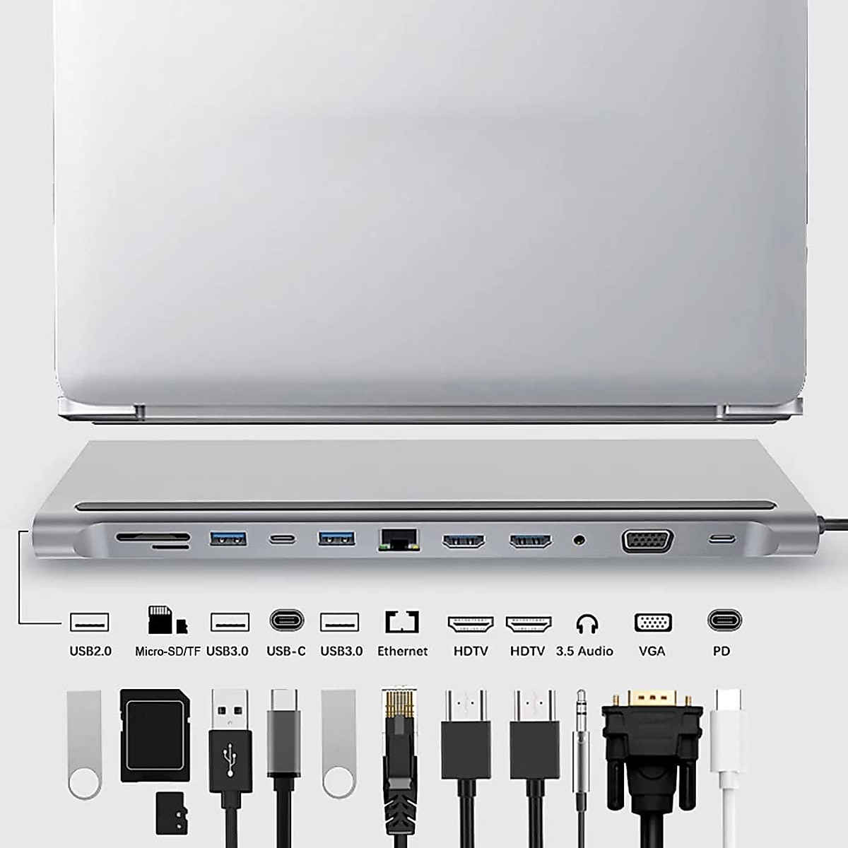 NIZYH 12 in 1 USB C Hub Laptop Docking Station Type-C to Dual HDMI-compatible/VGA/USB 3.0 Hub/PD/RJ/Micro-SD/TF Card Dock Adapter