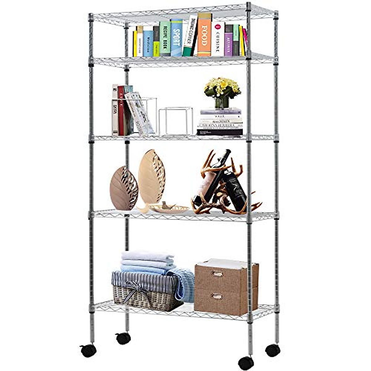 5 Tier Storage Shelves Wire Shelving Unit Garage Metal Rack 14Dx30Wx60H Adjustable NSF Sturdy Steel Layer Shelf Commercial Utility Organizer Shelving with Wheels for Bathroom Kitchen Laundry, (Chrome)