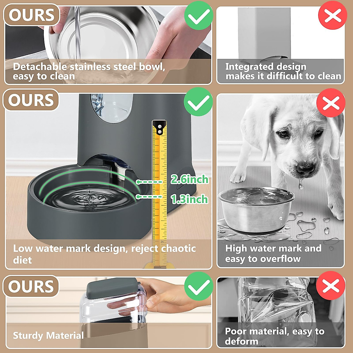 2 Pack Automatic Cat Feeder and Water Dispenser with Stainless Steel Dog Bowl Gravity Self Feeding for Small Medium Pets Puppy Kitten 1 Gallon x 2 (Black)