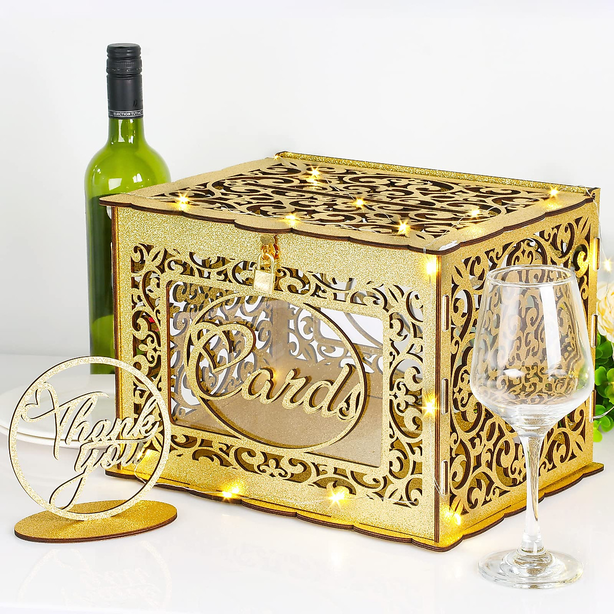 Gold Wedding Card Box with Lock and LED Fairy Lights, Glittery Wooden Gift Card Boxes Money Box Holder For Wedding Reception, Bridal Shower, Rustic Graduation Party, Keepsake Party Favor, Anniversary