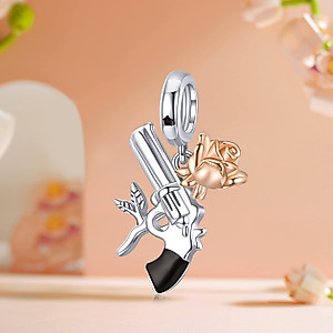 MUNDELL Authentic 925 Sterling Silver Pistol with Rose Charm for Original Silver Bracelet or Bangle Jewelry Make Pendants