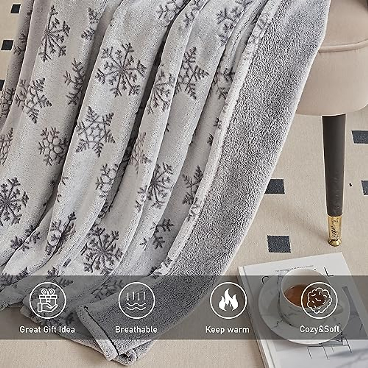 ARYURBU Snowflake Fleece Throw Blanket, Soft Fuzzy Flannel Decorative Christmas Blankets for Sofa Couch Bed, Lightweight Warm Cute Grey Blanket All Season for Adult Kids Girls 40"x 50"