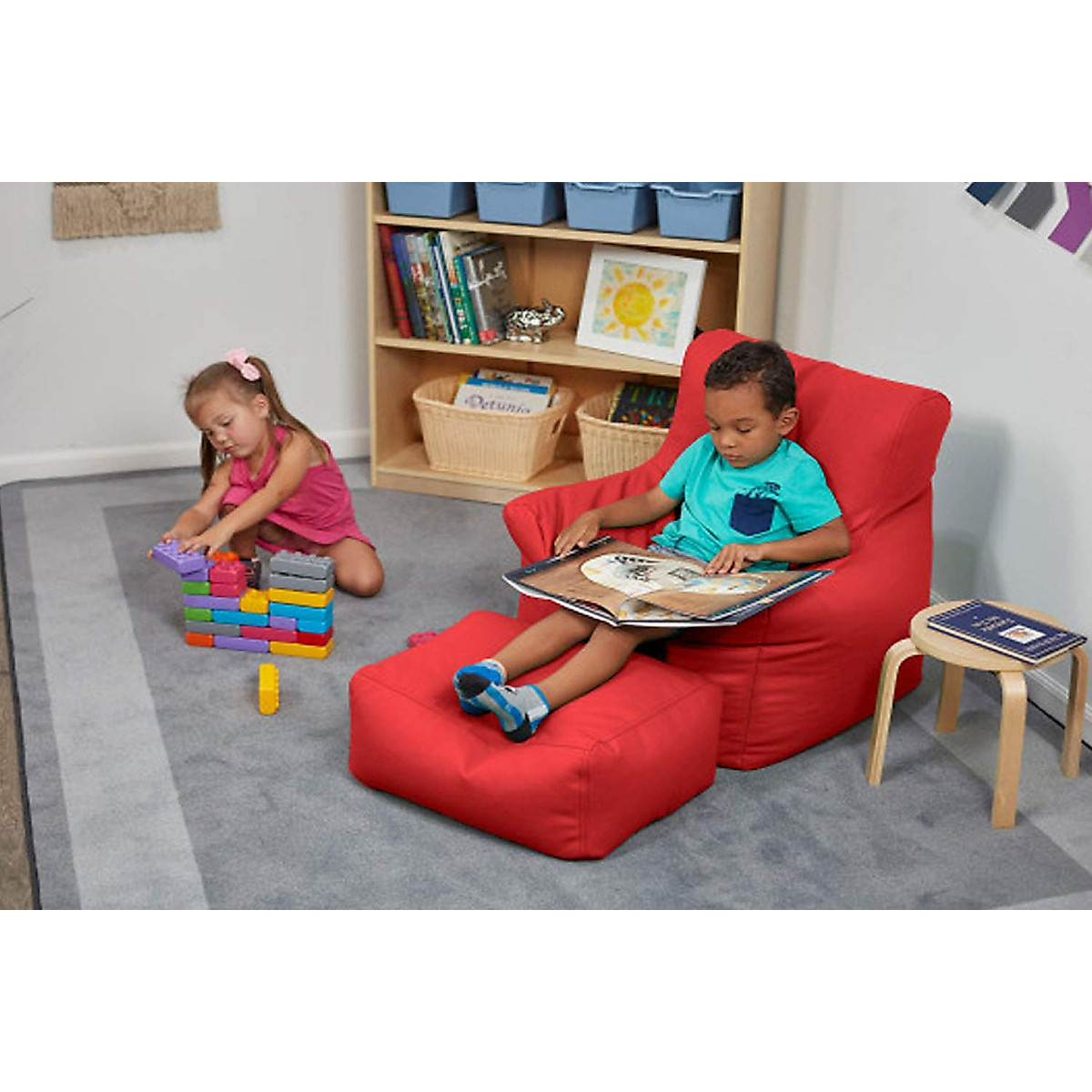 Factory Direct Partners 10474-RD SoftScape Bean Bag Chair and Ottoman Set, Furniture for Kids, Libraries or Home - Red