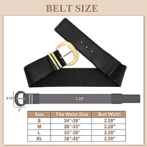 WHIPPY Women Wide Elastic Waist Belt for Dresses Fashion Gold Buckle Stretchy Leather Waistband for Ladies, Black, Fits Waist 28"-33"