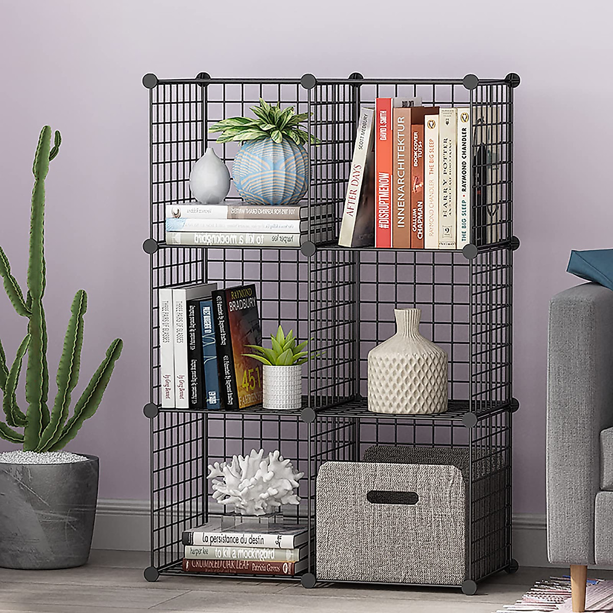 Cedilis Cube Storage Organizer, 6-Cube Wire Storage Shelves, Metal Grids Book Shelf Bookcase, Cube Closet Organizer, Modular Shelving Units for Living Room, Bedroom, Home, Office, Black