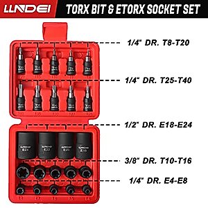 Torx Bit Socket and Female External Socket Set 24PCS, LLNDEI 10 Star Socket Bits (T8-T40)& 14 Female E-Torx Sockets (E4-E24) 1/4" 3/8" 1/2", CR-V, Star Drive Socket Kit with Mini Storage Box