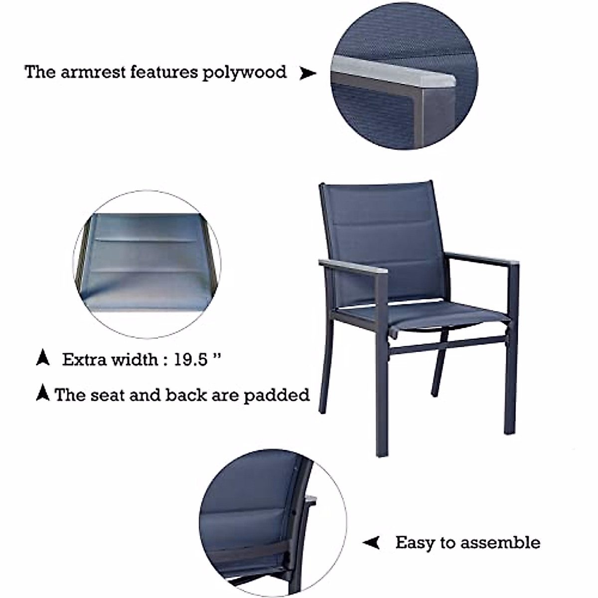 Kozyard Villa Outdoor Patio Dining Chair with Gray Frame, Gray Paded Textilence (2 Pack, Grey Chair)