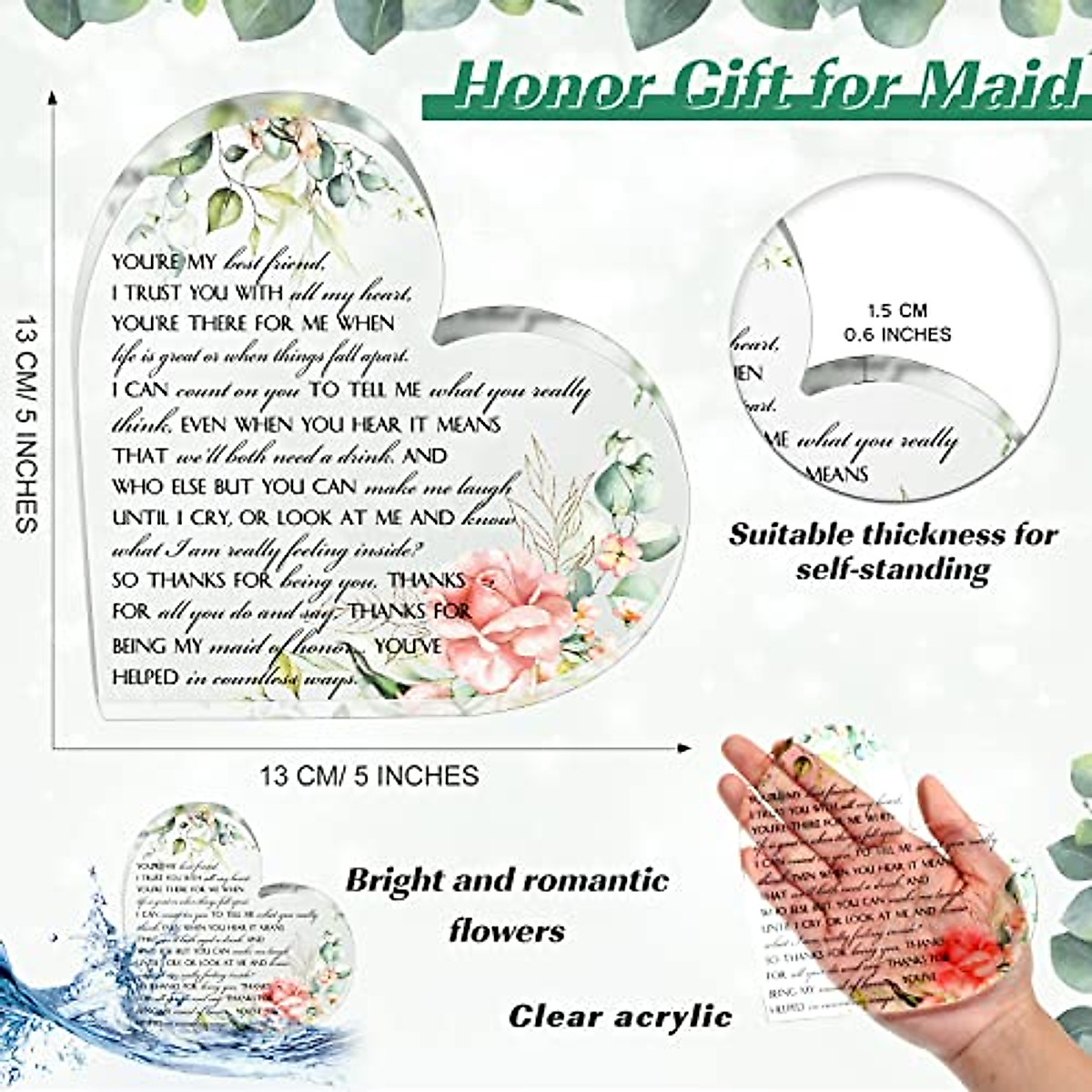 Bridesmaid Gifts Maid of Honor Gifts from the Bride Bridesmaid Proposal Gifts Acrylic Heart Sign with Flowers Eucalyptus Leaves Thank You Gift for Bridesmaids Wedding Party