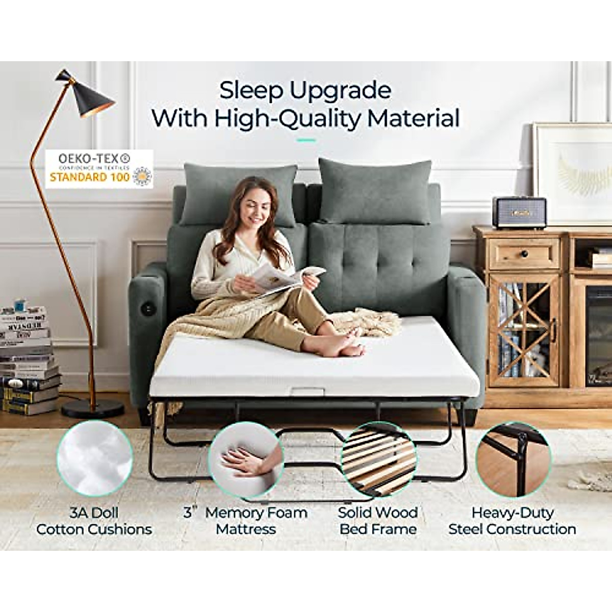 LINSY HOME Pull Out Sofa Bed, 2-in-1 Convertible Sleeper Couch with Memory Foam Mattress, Two Seat Loveseat Sleeper Sofa Bed for Living Room, Dark Grey, Full Size