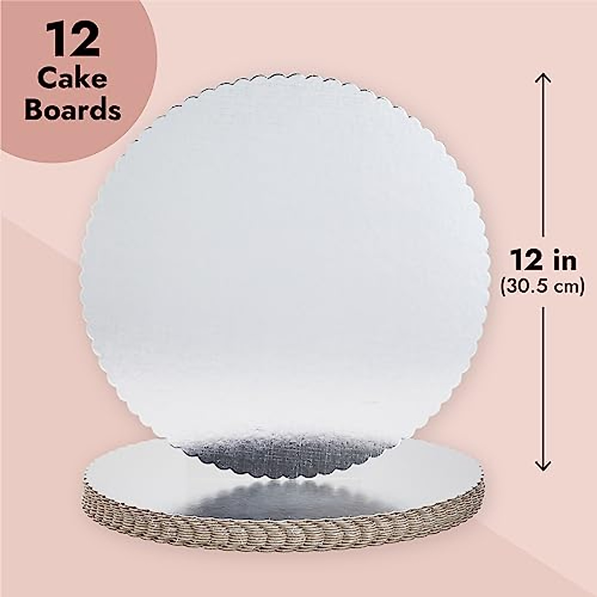 12-Pack Cake Boards 12 Inch, Elegant Round Scalloped Boards for Bakeries, Baking Desserts, Cake Decorating, Sturdy Cardboard Material, Disposable (Silver, 12x12x0.08 in)