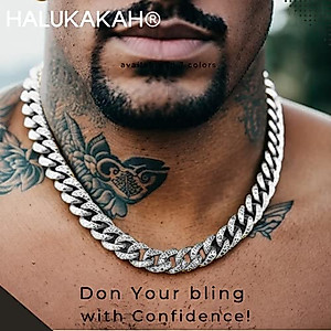 Halukakah Gold Chain Iced Out for Men,Men's 14MM Miami Cuban Link Chain Choker Necklace 20In(50cm) Platinum White Gold Finish,Full Cz Diamond Cut Prong Set,Gift for Him