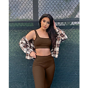 OQQ Women's 2 Piece Yoga Leggings Ribbed Seamless Workout High Waist Athletic Pants Black Coffee