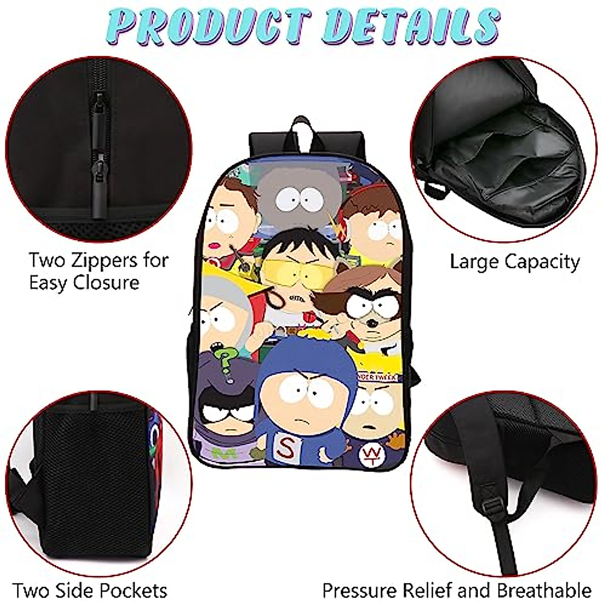 Lesome 3-Piece School Backpack,South North Park Backpack Boys Girls School Bag Back to School Supplies with Lunch Box and Pencil Case