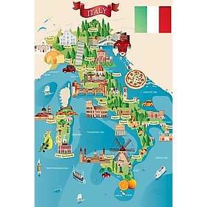 Italian Tourist and Travel Destinations Illustrated Map Travel World Map with Cities in Detail Map Art Wall Decor Geographical Illustration Travel Destinations Cool Wall Decor Art Print Poster 24x36
