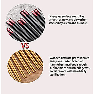 Fiberglass Chopsticks Reusable Korean Japanese Chinese Chop sticks, 5 Pairs 9 1/2 inch Black, Dishwasher safe, Non-slip Stripe gift-box Pack Cool Chopstick