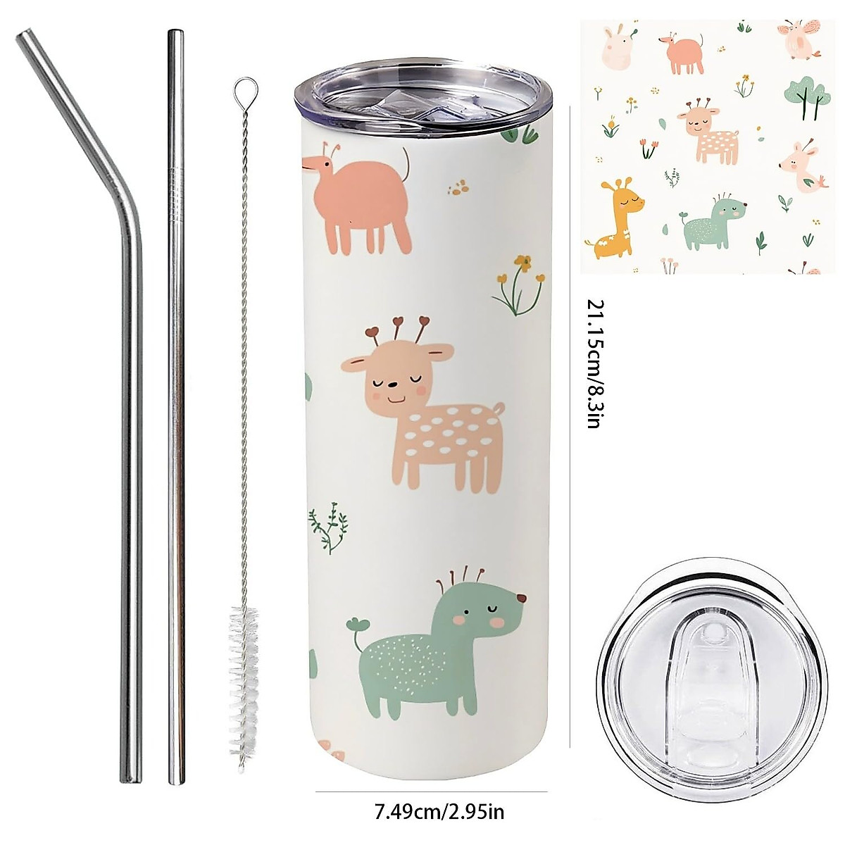 Tumbler with Lid and Straw Cute Cartoon Animal Giraffe Thermos Coffee Travel Mug Cute Cups 20 oz Insulated Tumbler for Daily Holiday Decor Gift Coffee Cup
