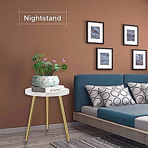 Round Side Table, Wooden Tray Table with Metal Tripod Stand, 3 Gold Legged White Table, Accent Table for Living Room Bedroom Office Small Spaces, 18" H x 15" D