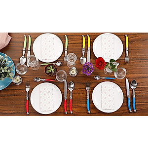 Laguiole By FlyingColors Stainless Steel Flatware Set. Multicolor Handles, Wooden Storage Box, 34 Pieces