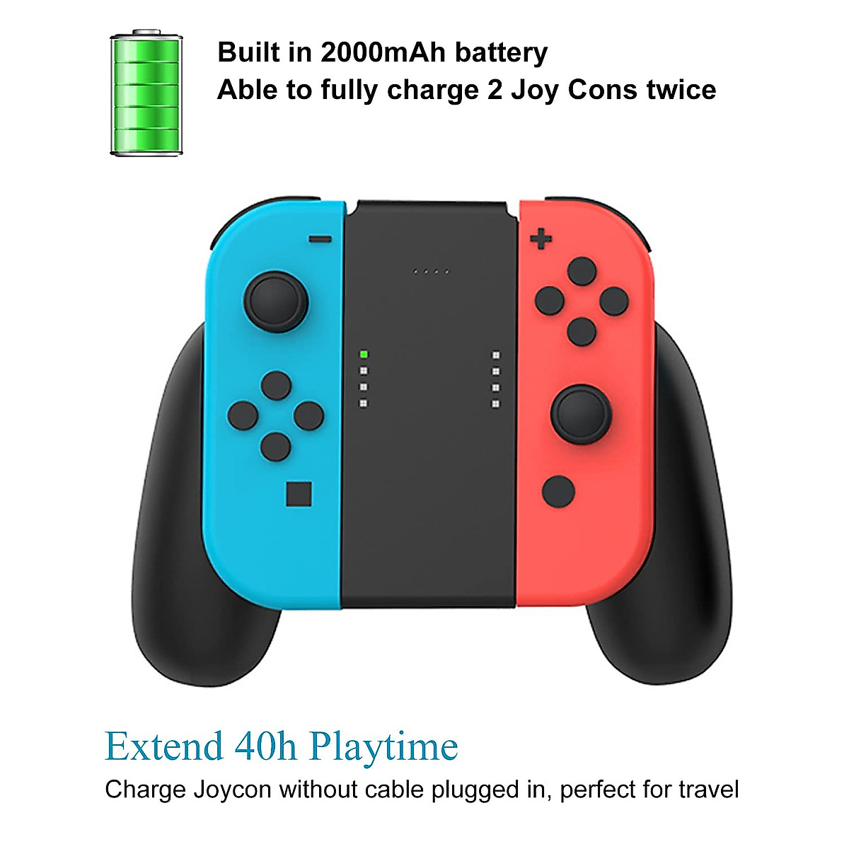 Kinvoca Charging Grip with 2000mAh Battery, 2-in-1 Comfort Grip for Nintendo Switch Controller, Controller Charger with 32in USB-C Cable, Power & Charge Indicators, Overcharge Protection