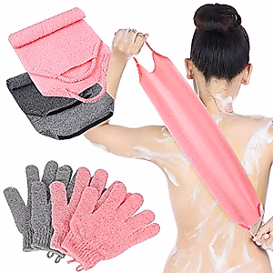 4 Pack Exfoliating Shower Bath Gloves Back Scrubber Set, 2 Exfoliating Body Scrubber Nylon Back Washer, 2 Pairs Scrub Gloves for Women Men Children Skin Pull Strap Washcloth (Pink, Gray)