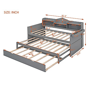 Flieks Wooden Daybed, Twin XL Bed Frame with 2 Twin Trundles, Storage Shelf, and USB Charging Ports, Wood Slat Support, No Box Spring Needed, Easy Assembly, Grey