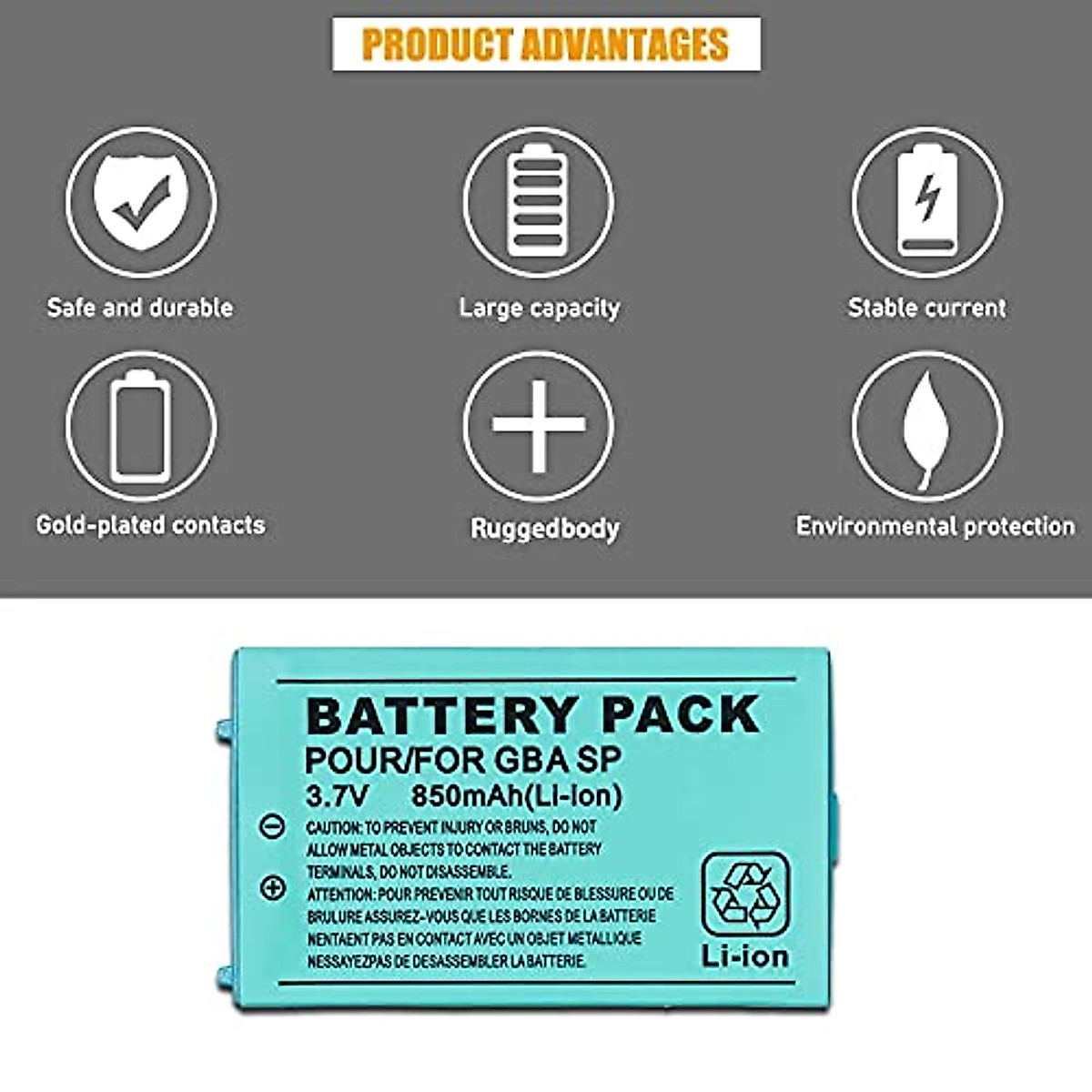 GMRBOO 850mah 3.7V Rechargeable Lithium Ion Replacement Battery for Nintendo GBA Sp + Tool Pack Kit Compatible for Nintendo GBA SP