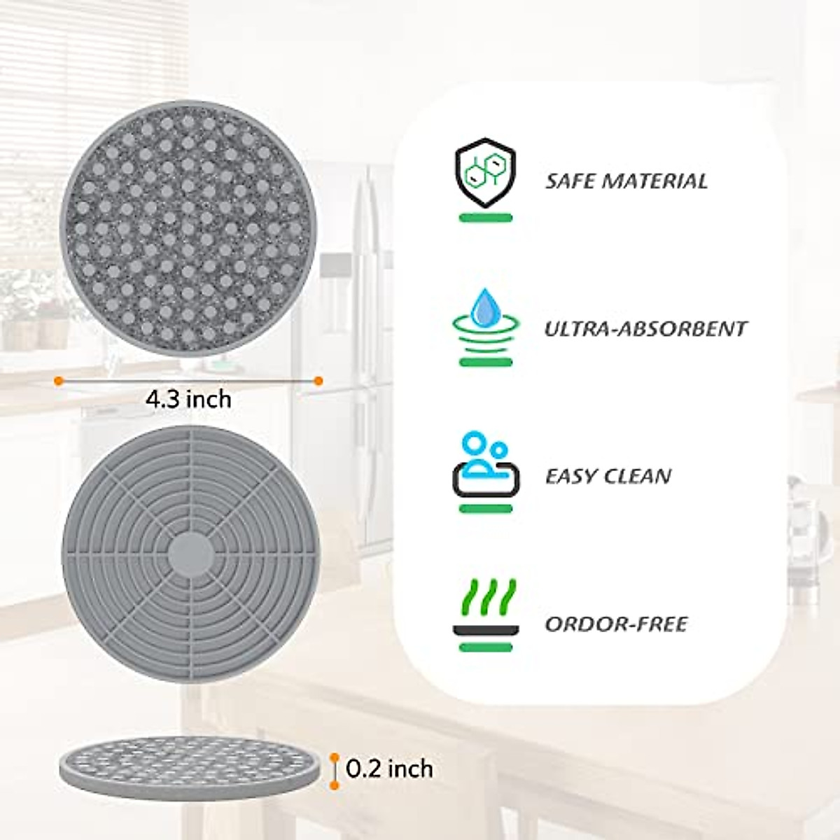 Coasters for Drinks Absorbent with Felt Insert, 6 Pack Silicone Coasters with Holder, Felt Absorbent Coasters Rubber Cup Coasters Set for Office Desk (Gray)