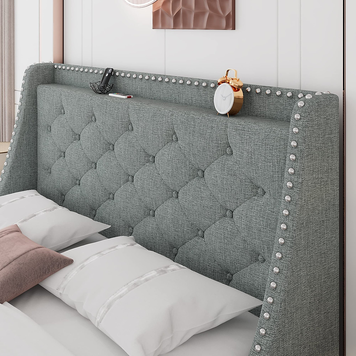 Feonase Upholstered Queen Bed Frame with Wingback Headboard, Deluxe Platform Bed Frame with Diamond Tufting & Storage Shelf, Wood Slats, Noise-Free, No Box Spring Needed, Easy Assembly, Light Gray