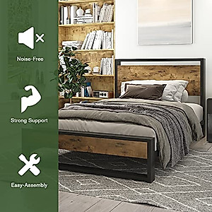 IMUsee Twin Bed Frame with Wood Headboard, Rustic Farmhouse Twin Platform Bed Frame for Kids with Heavy Duty Strong Metal Slats Support, Modern Bed Framework, No Box Spring Needed, Easy Assembly