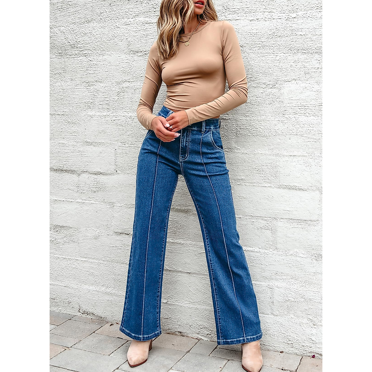 Sidefeel Womens Wide Leg Jeans Casual Baggy High Waisted Stretch Denim Pants Size 8 Blue