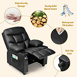Costzon Kids Recliner Chair with Cup Holder, Adjustable Leather Lounge Chair w/Footrest & Side Pockets for Children Boys Girls Room, Ergonomic Toddler Furniture Sofa, Kids Recliner (Black)