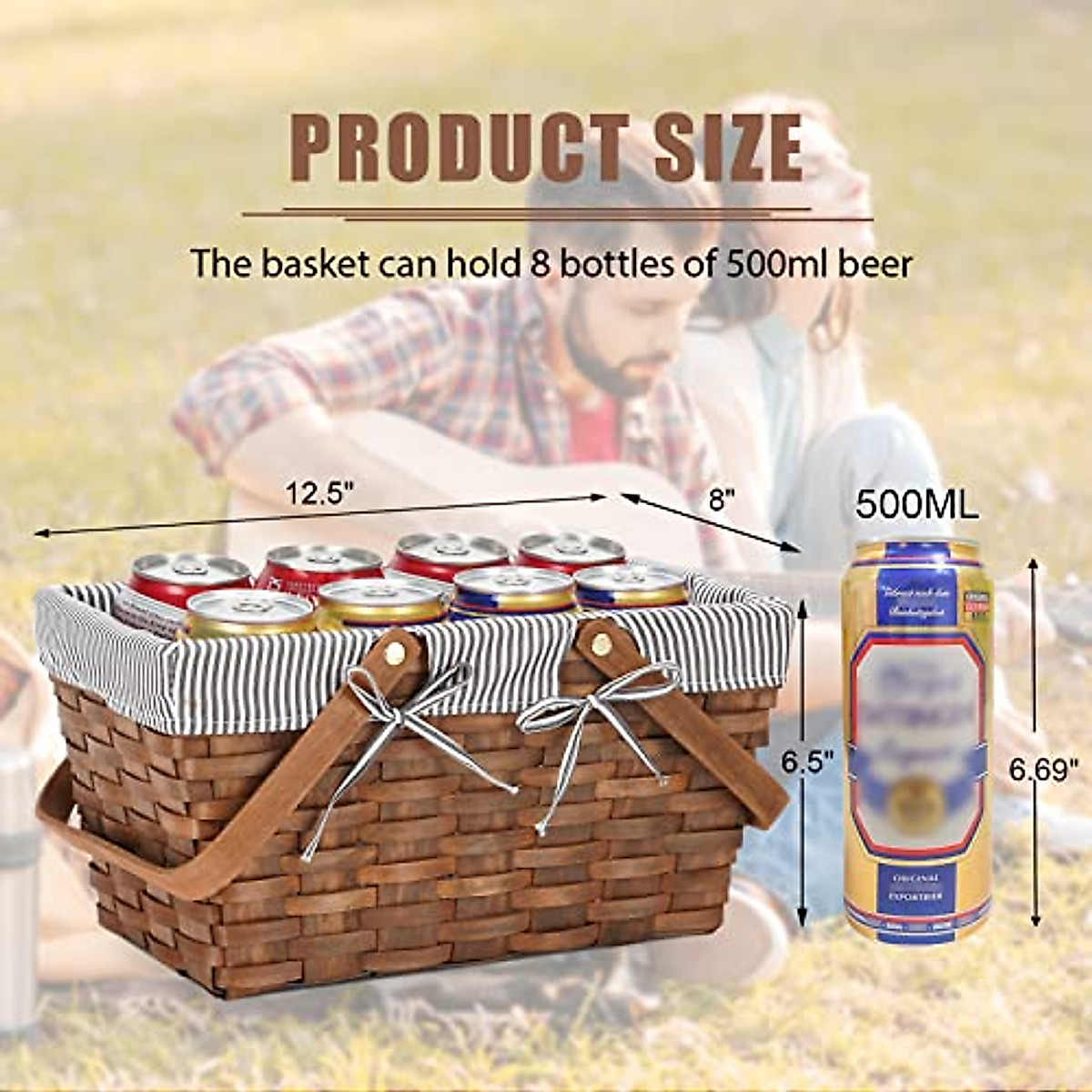 Woodchip Picnic Basket with Double Folding Handles, Natural Hand Woven Basket, Eggs Candy Basket for Easter, Kids Toy Storage Basket, Wedding Flower Girl Baskets for Valentine Day, Birthday, Grey