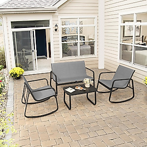 YITAHOME 4 Piece Patio Furniture Set, Small Backyard Bistro Rocking Chairs, Loveseat and Glass Table, Textilene Outdoor Conversation Set for Lawn, Garden, Balcony, Poolside (Grey)