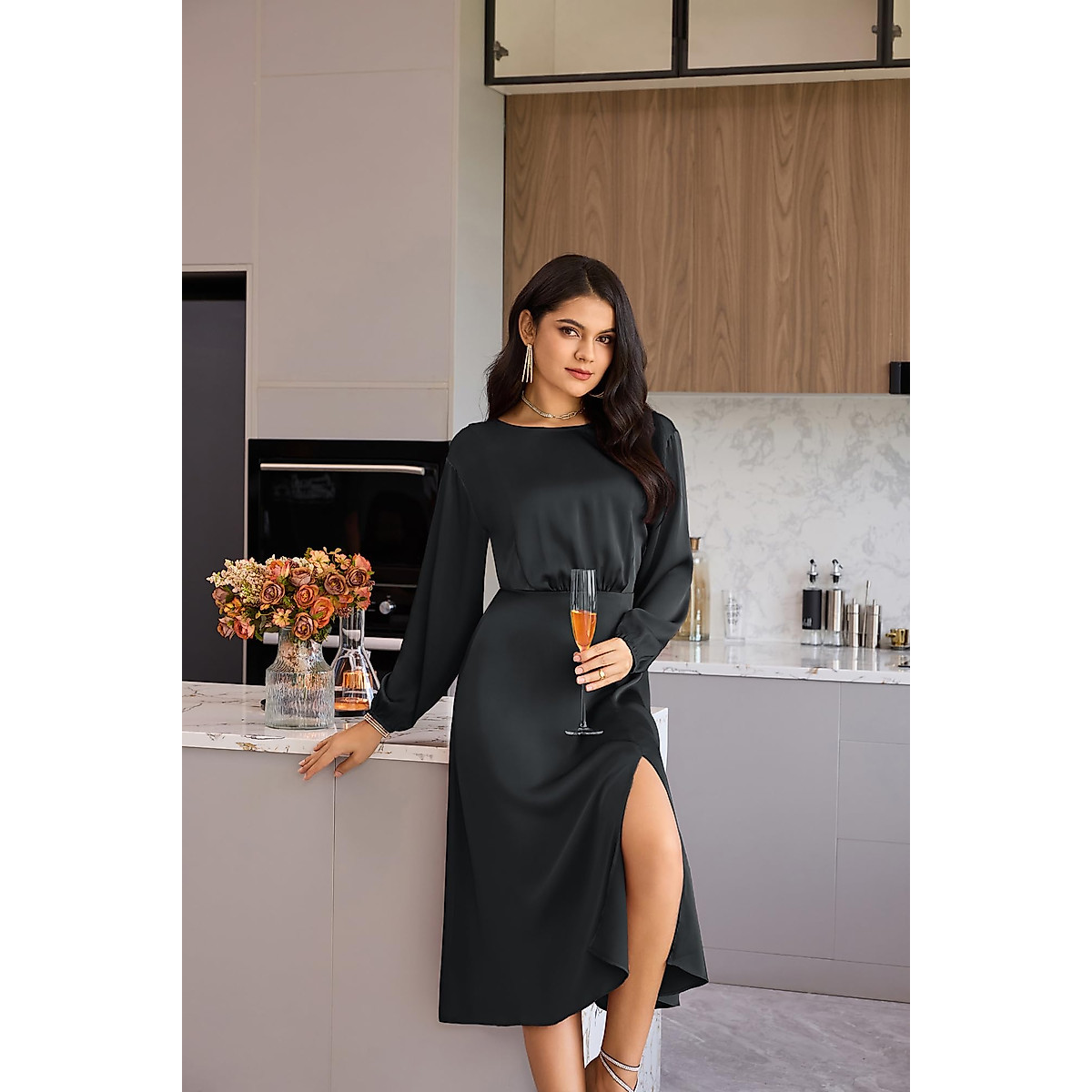 GRACE KARIN Long Sleeve Satin Midi Dress Fall Wedding Guest Dresses with Slit High Waist A-Line Midi Dress Solid Color Black S