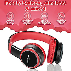 Woice Kids Blutooth Headphones with mic, Colorful LED Lights, Stereo Sound, Bluetooth5.0, Foldable On-Ear Children Wireless/Wired Headphones Fit for Kids Teens Adults (Black&Red)