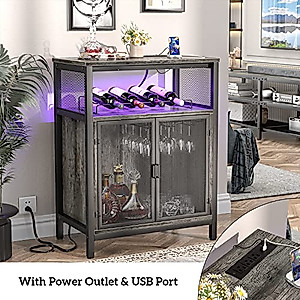 Unikito Wine Bar Cabinet with RGB Light and Outlet, FreeStanding Wine Rack Table, Liquor Cabinet with Glass Holder, Floor Bar Cabinet for Liquor and Glasses for Home Kitchen Dining Room, Black Oak