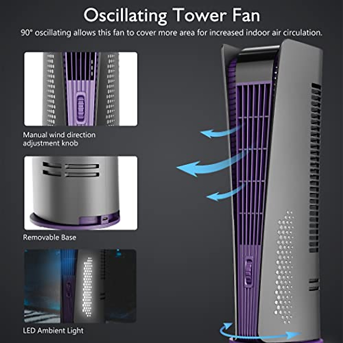SISMEL Bladeless Tower Fan for Home, 10000mAh Battery Operated Portable Fan with 3 Speeds, Timer, Night Light, LED Display, 16" Small Quiet Oscillating Desk Fan for Bedroom, Office, Camping (Grey)