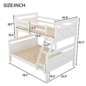 Majnesvon Twin Over Full Bunk Bed Frame with Ladder, Solid Wood Bunk Beds Loft Bed Frame Twin Over Full Size with Guardrail, Can Be Separated Into Twin/Full Size Bed, No Box Spring Needed (White)