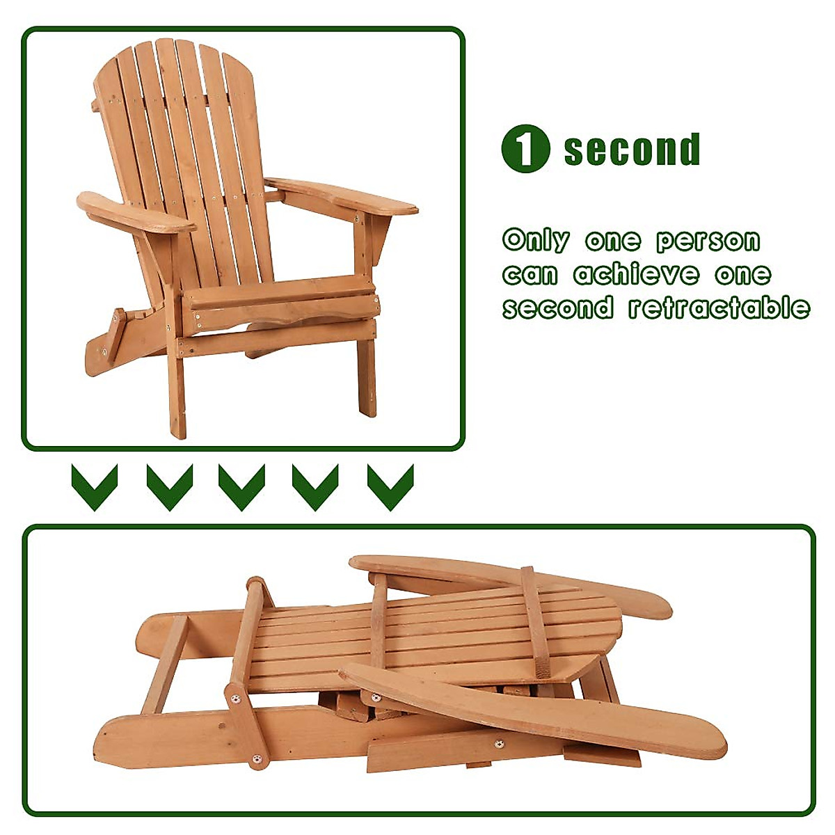 Adirondack Chair,Folding Wooden Lounger Chair，All-Weather Chair for Fire Pit/Garden/Fish with 250lbs Duty Rating，Natural
