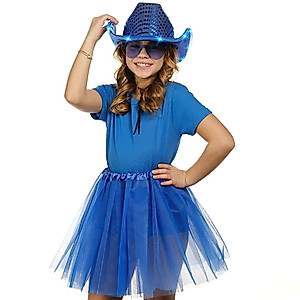 Funcredible Blue Light Up Cowboy Hat and Glasses - Sparkly Disco Cowgirl Hat - Sequin Cowboy Hat for Women - Cowgirl Costumes for Girls