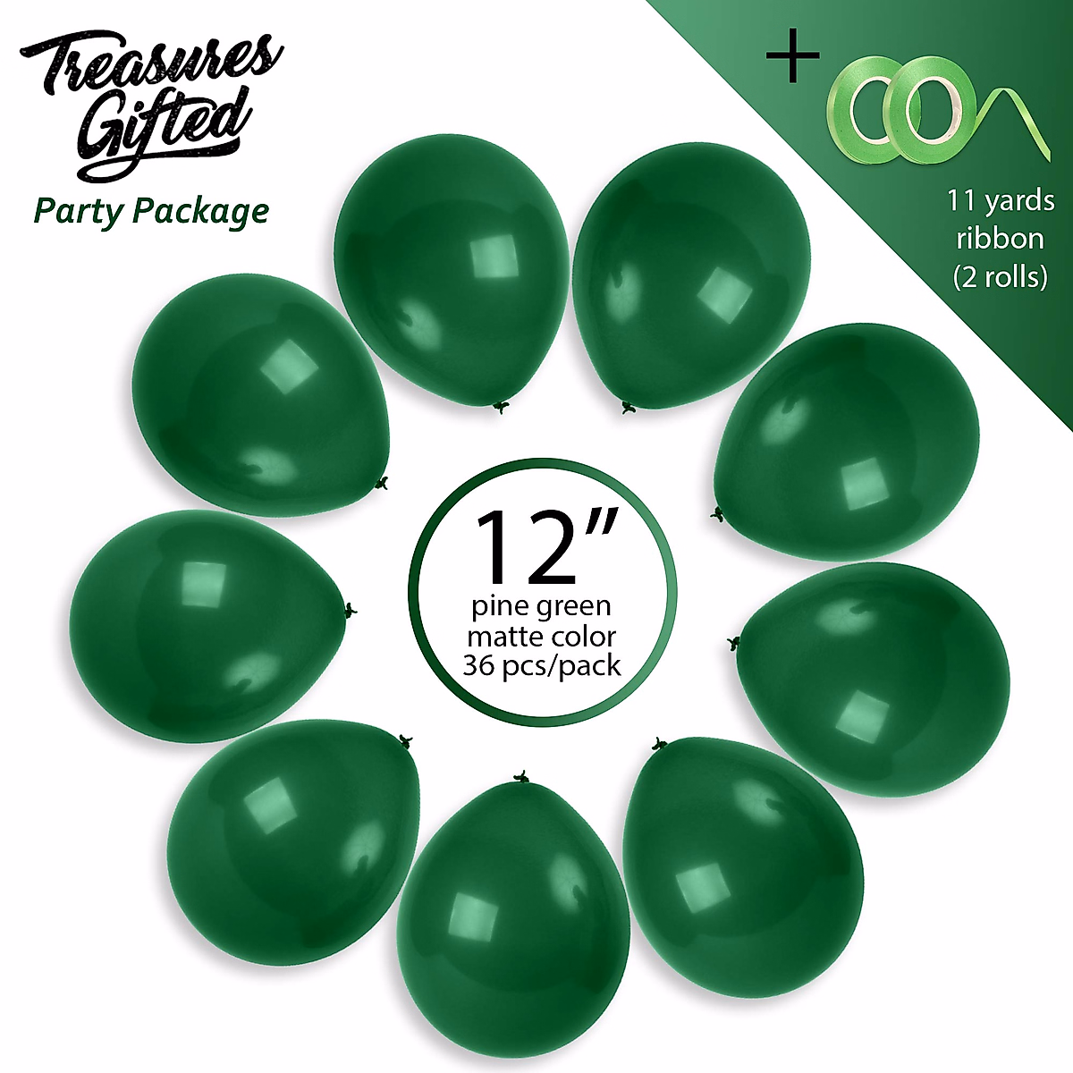 Treasures Gifted 36 Count Pine Green Latex Balloons - 12 Inch Round, Premium Latex, Durable, Versatile, Luxurious Color - Perfect for Birthday, Baby Shower - Children & Babies, Unisex