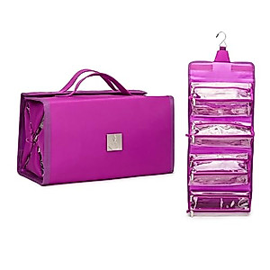 ROYALFAIR Roll Up Makeup Bag, Travel Toiletry Bag for Women with 4 Clear TSA Approved Pouches, Hanging Travel Organizer, Folding Cosmetic Bag for Men and Women (Purple)