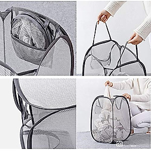 Jkhome Square Pop Up Laundry Mesh Hamper Collapsible Dirty Clothes Sorter Basket Bag Home, Foldable, Mesh, Durable Handles, Holds 2 Loads (1, Grey)