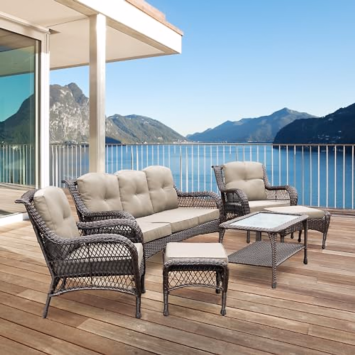 Jeco 6 Piece Wicker Seating Set with Tan Cushions, Espresso