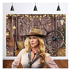 MAQTT Western Cowboy Photography Backdrop Rustic Farmhouse Wooden Barn Door Backdrop for Party Guitar and Lights Photo Background Children Birthday Party Decoration 7x5ft